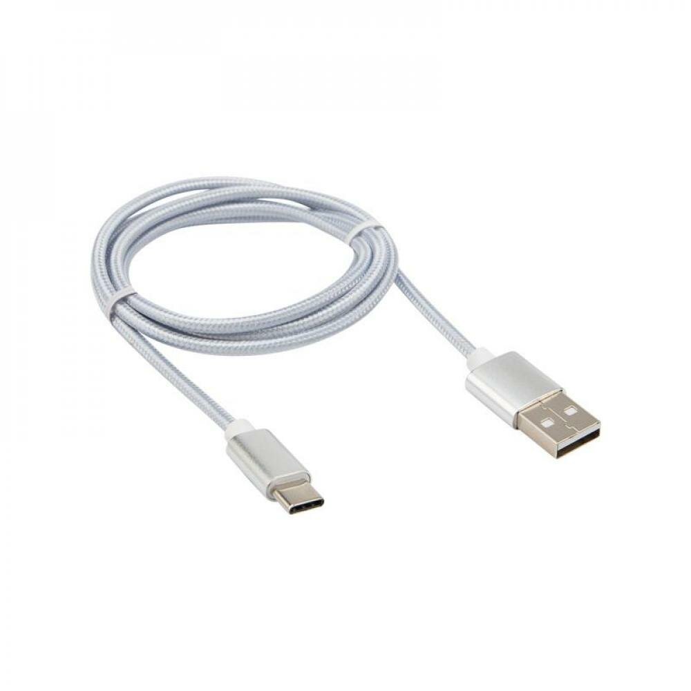 Кабель USB-Type-C, 2,4A, нейлон серебряный, 1м, REXANT