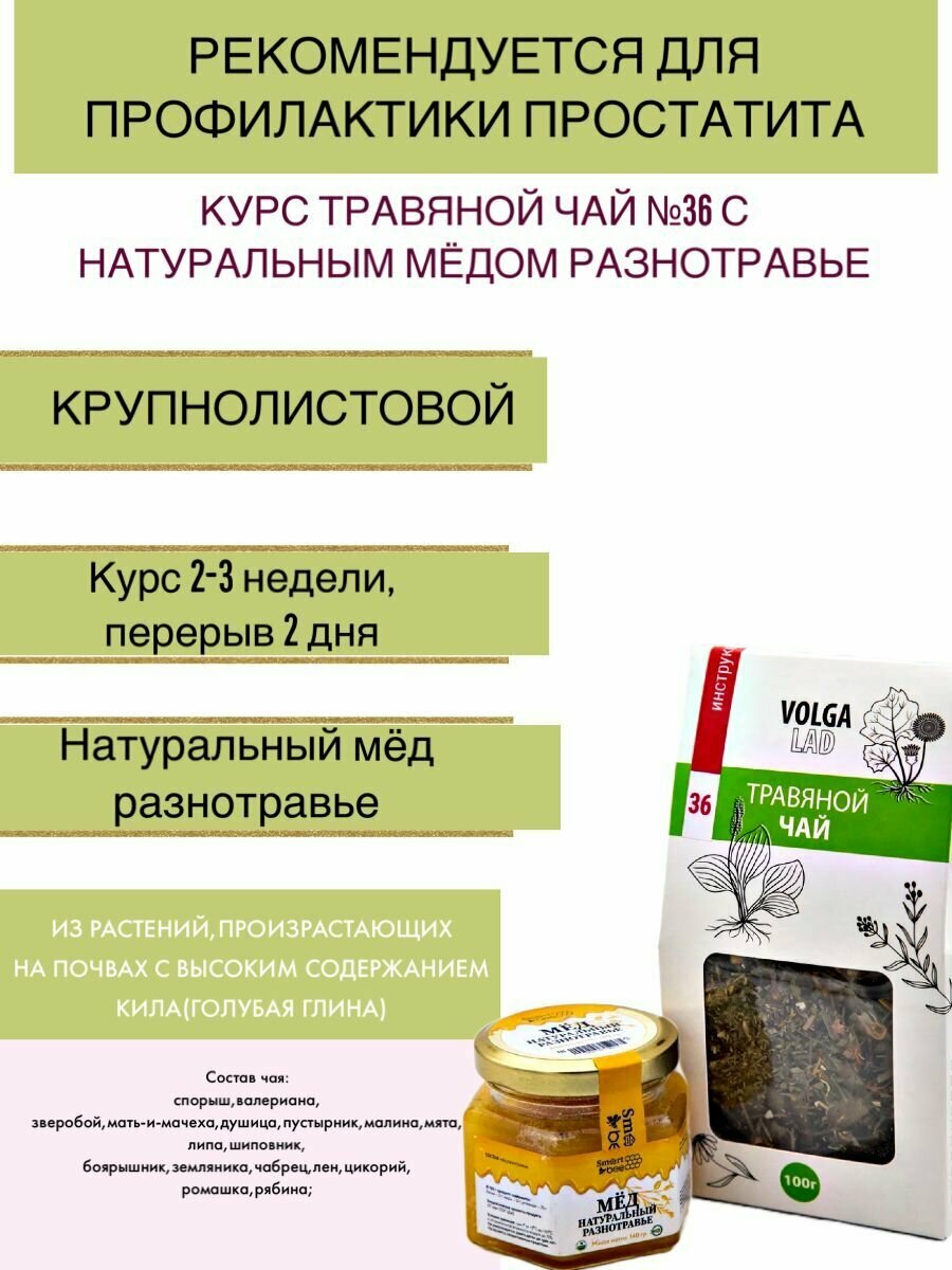 Травяной чай Волгаладь № 36 с медом разнотравье, лечебный комплект, 70/140 г