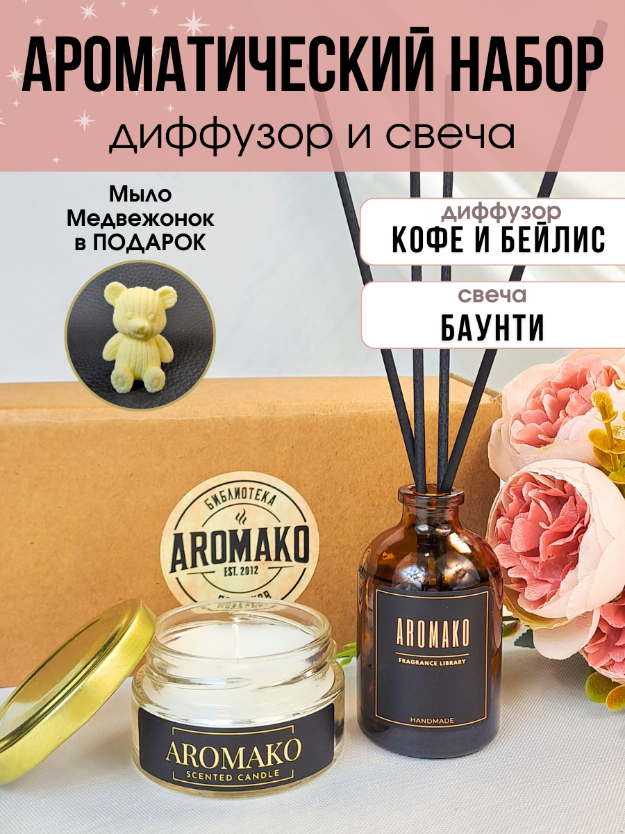 Подарочный набор в коробке аромадиффузор с палочками Кофе и Бейлис 50 мл, свеча Баунти 50 гр, подарочный бокс