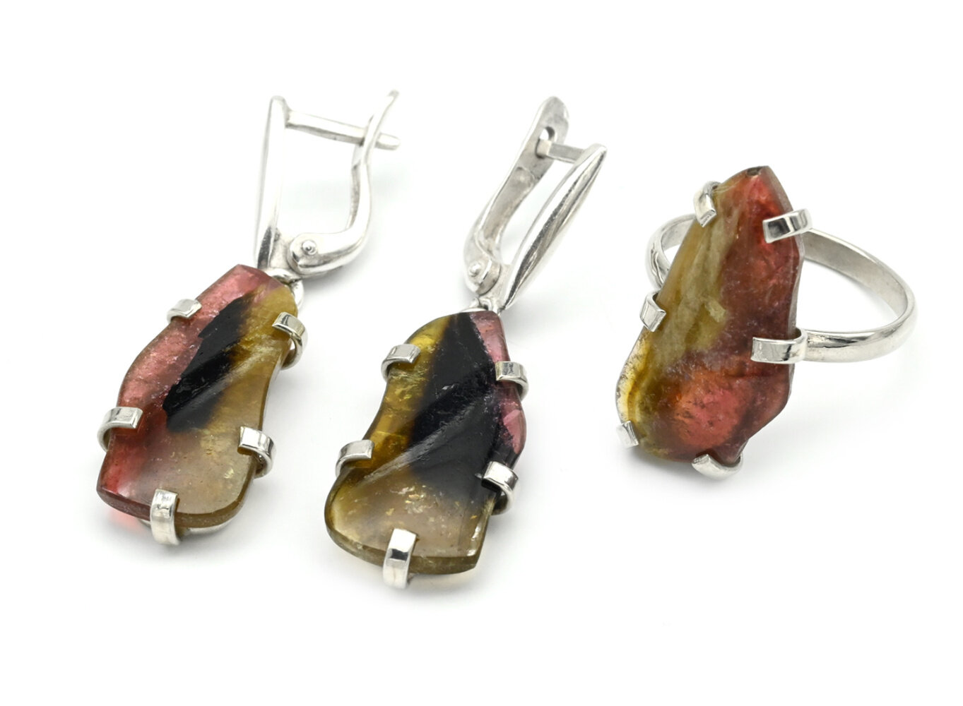 Комплект бижутерии: кольцо, серьги, турмалин