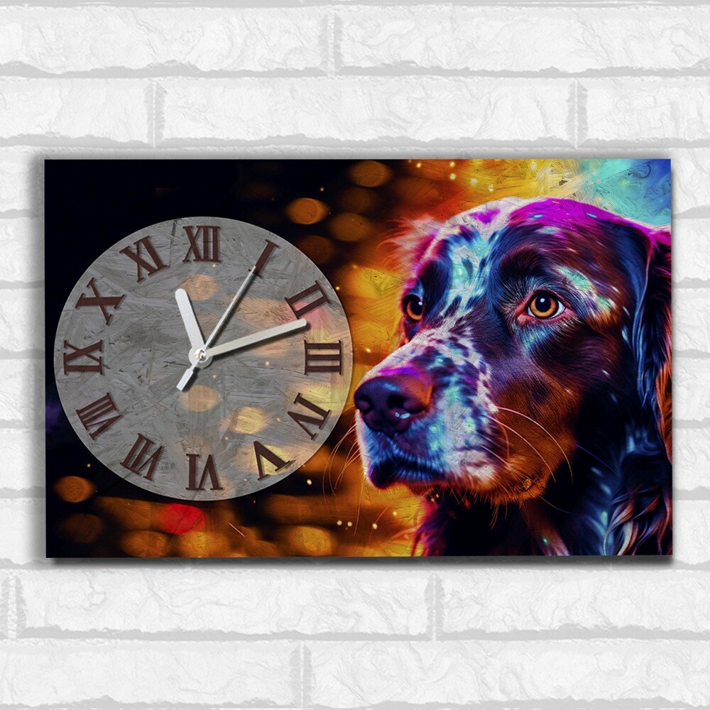 Настенные бесшумные часы ОСБ со смещенным циферблатом Животные Щенок ( Собака, цветы, Спаниель, милота, Подарок для мамы, бабушки сестры, подруге) - 2549