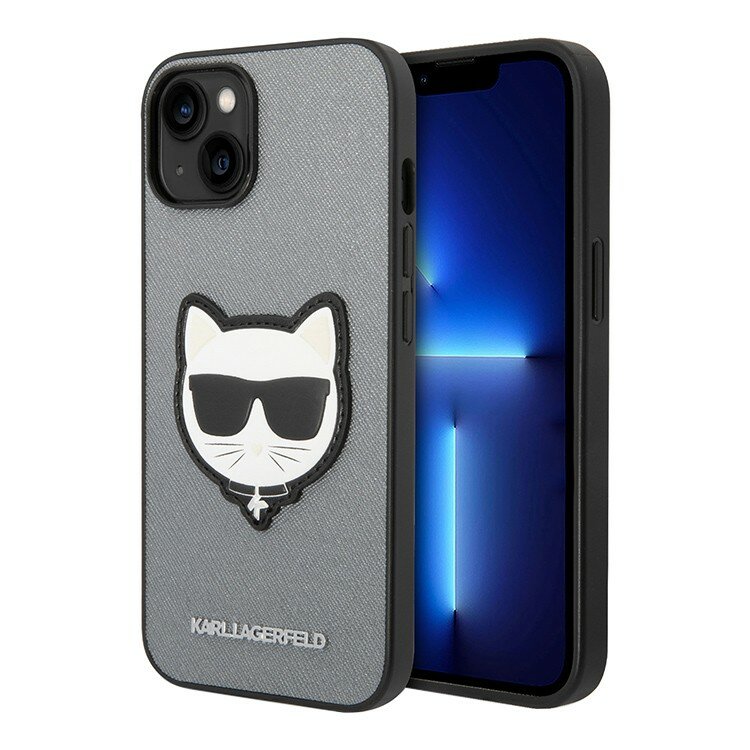 Karl Lagerfeld чехол для iPhone 14 Plus, PU-кожа Saffiano Choupette head Patch Hard серебристый
