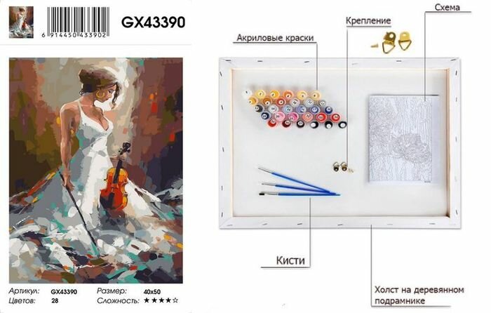 Холст Для Рисования По Номерам Скрипачка (40*50см, холст на подрамнике, кисти, акриловые краски) GX4