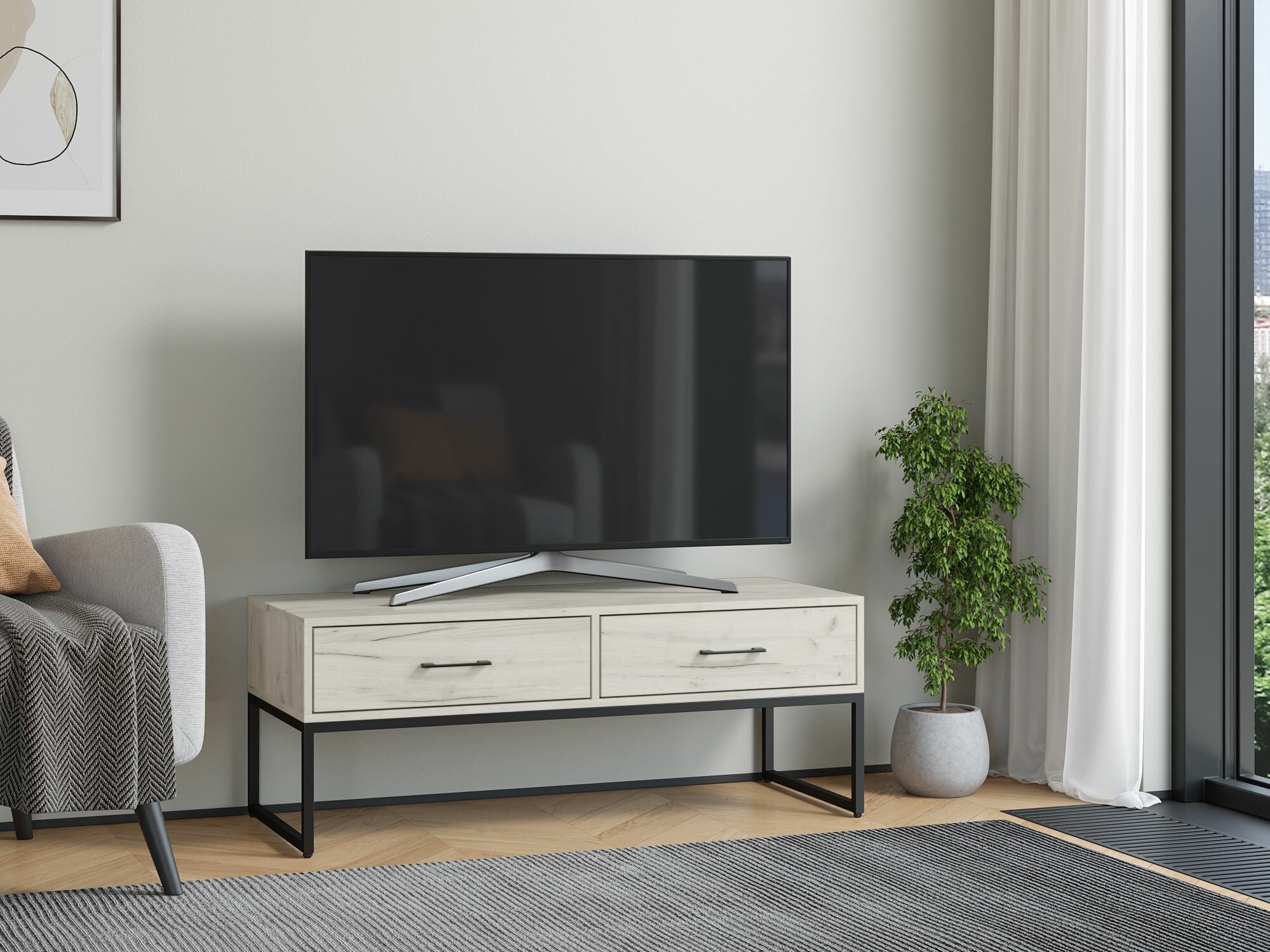 Тумба под ТВ Айсберг Лофт 120 с ящиками Черный/дуб крафт белый