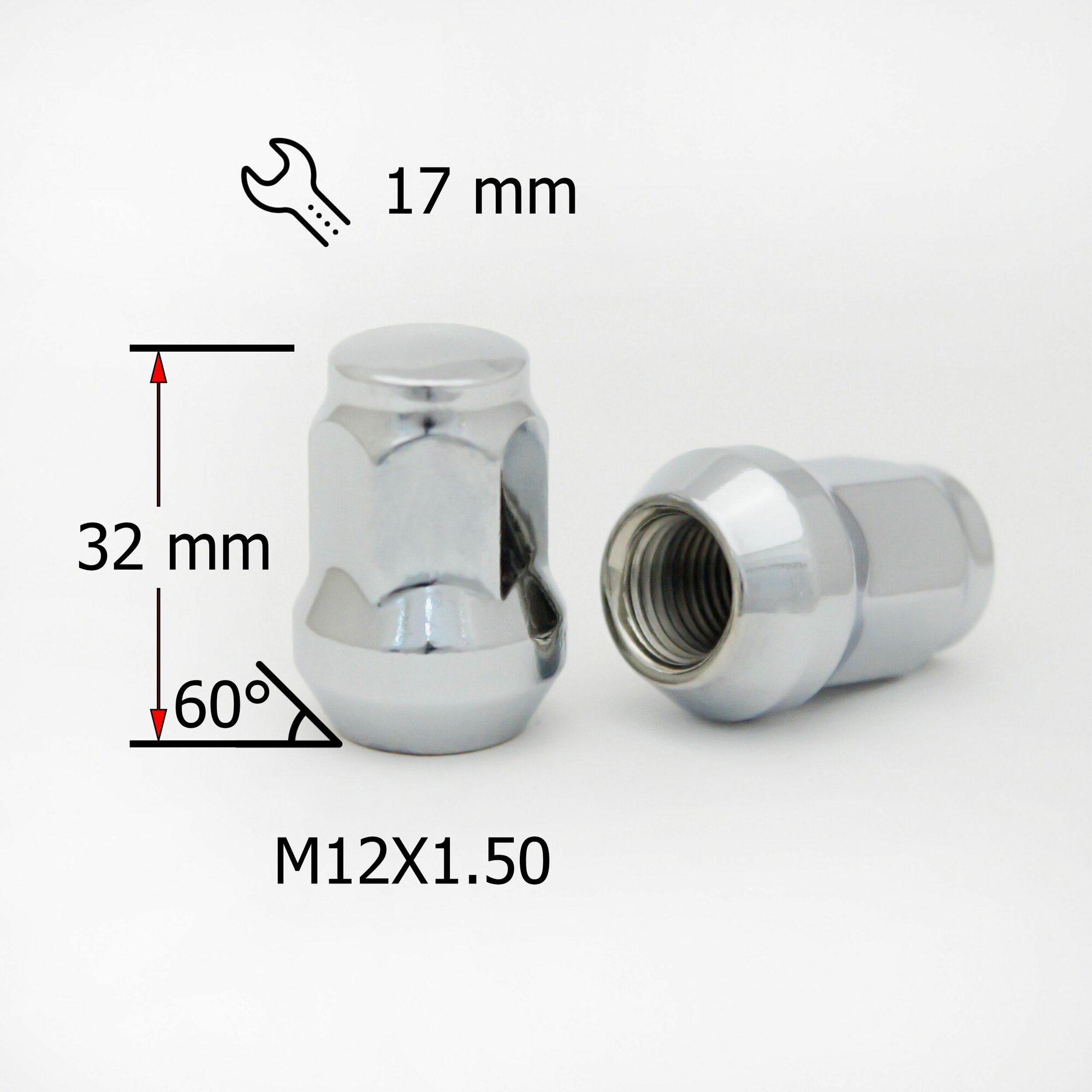 Гайка колесная M12х1,5 Конус, высота 32мм, закрытая, цельная, ключ 17мм, Хром