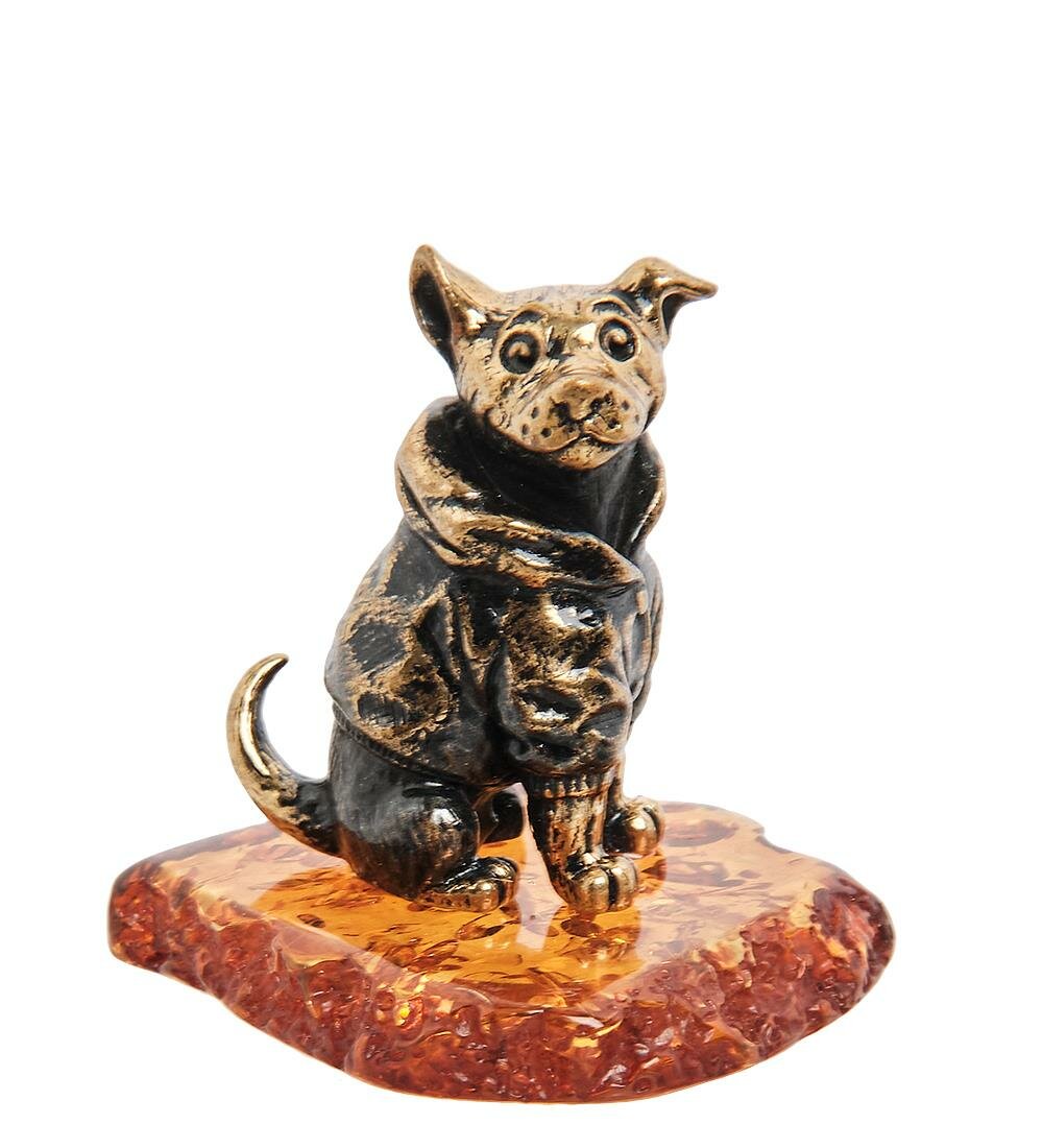 Фигурка Собака Шарик (латунь, янтарь) AM-1955 Народные промыслы Бронза, латунь, реструктурированный янтарь