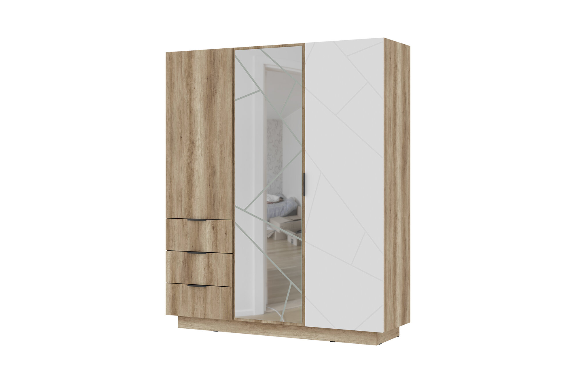 Шкаф для одежды с зеркалом и ящиками Нонтон Даллас, дуб каньон / софт вайт, 169 см