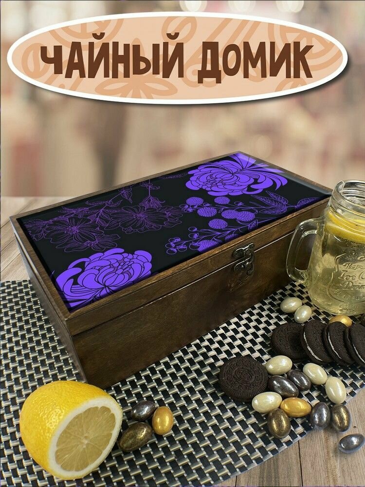 Коробка для чайных пакетиков, Чайница из дерева УФ, 4 отделения с принтом природа цветы - 619