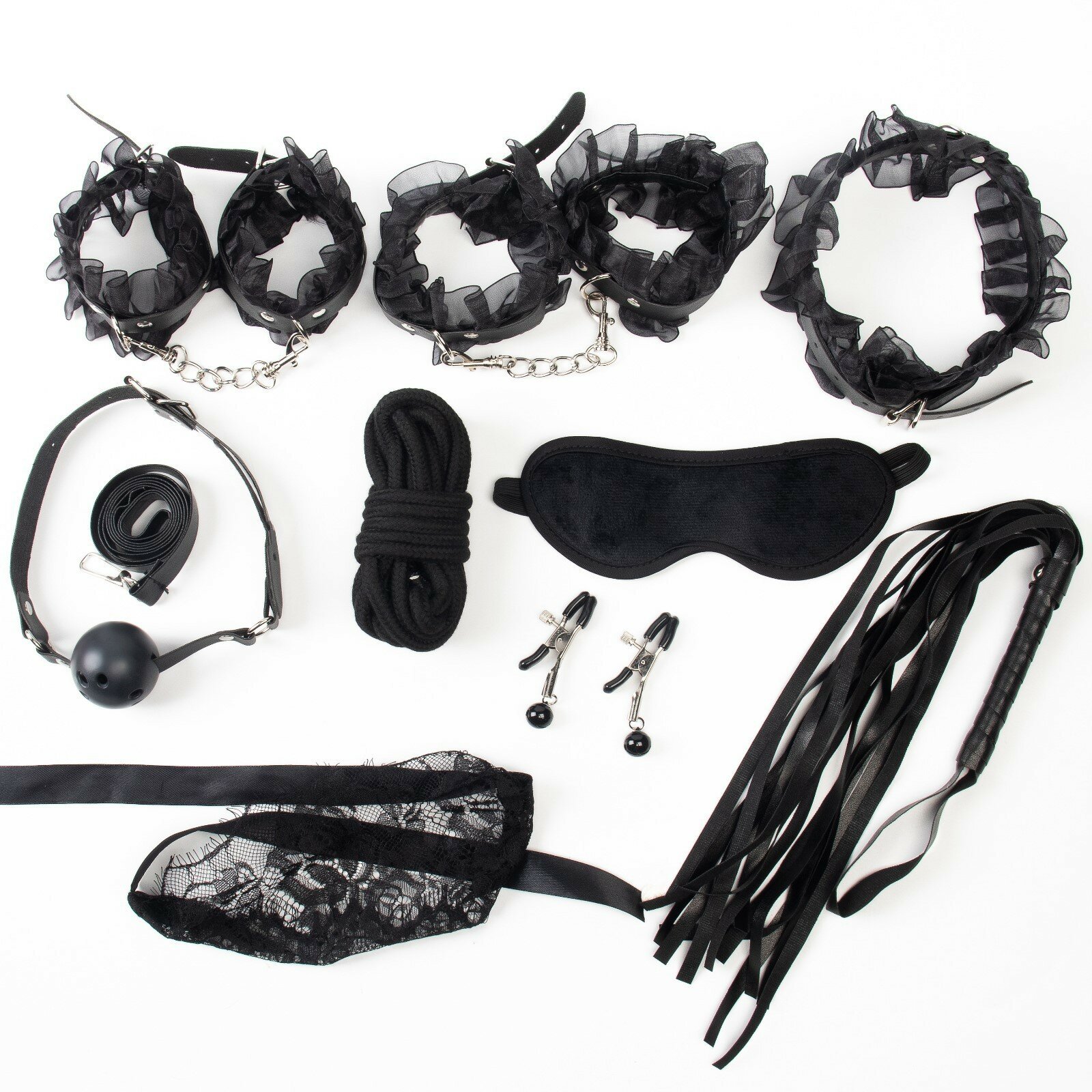 Эротический БДСМ набор с черным кружевом, чёрный, экокожа, 9 предметов