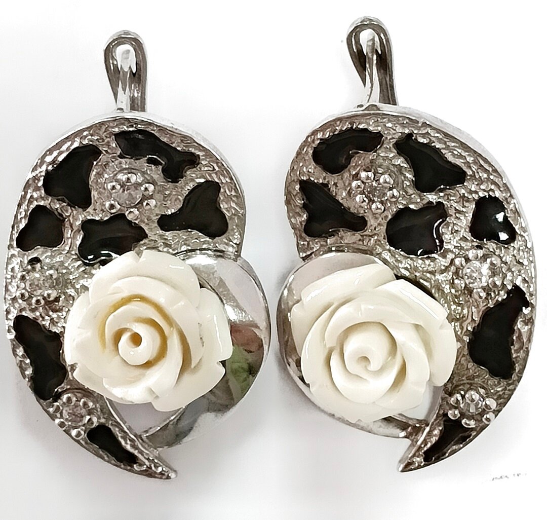 Серьги, серебро, 925 проба, родирование, фианит, эмаль