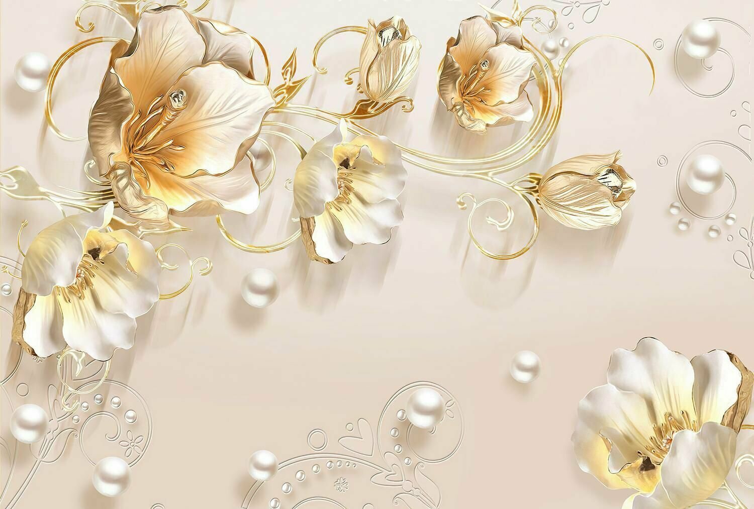 Фотообои/ F-322 Драгоценные золотые цветы с жемчугом 400х270-1Divino
