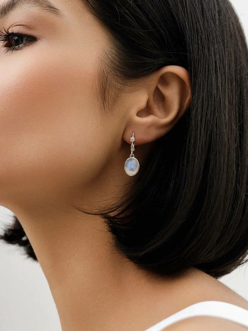 Серьги с подвесками, серебро, 925 проба, родирование, лунный камень