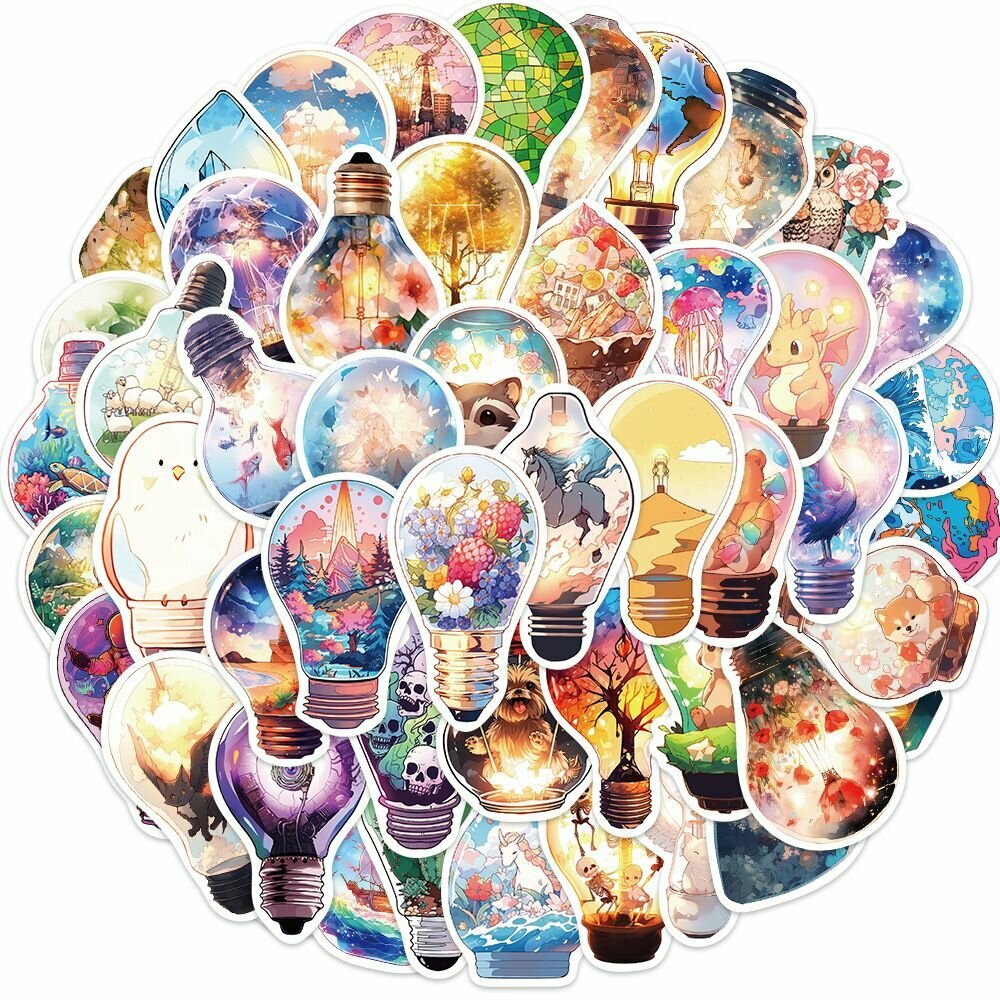 Наклейки для ежедневника и скрапбукинга "Лампочки, мир, животные, пейзаж, жизнь в лампочке", 50 шт.