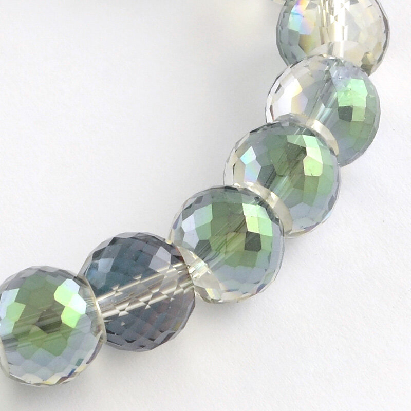 Бусины стеклянные, 12х10мм, граненые, широкие рондели, серо-голубые с радужным покрытием, 17 шт, низка