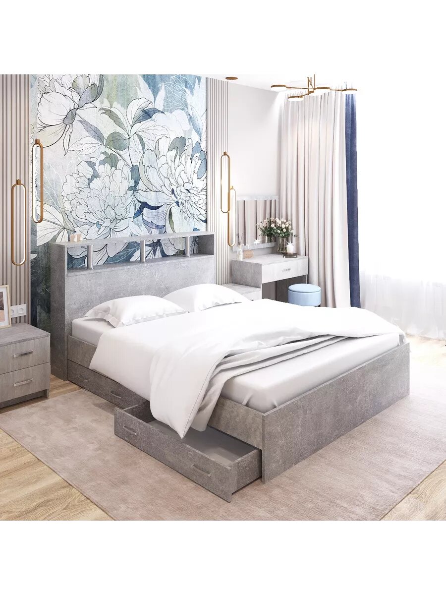 Двуспальная кровать KMK Соломея, с ящиками, цвет бетон, 160x200х80 см