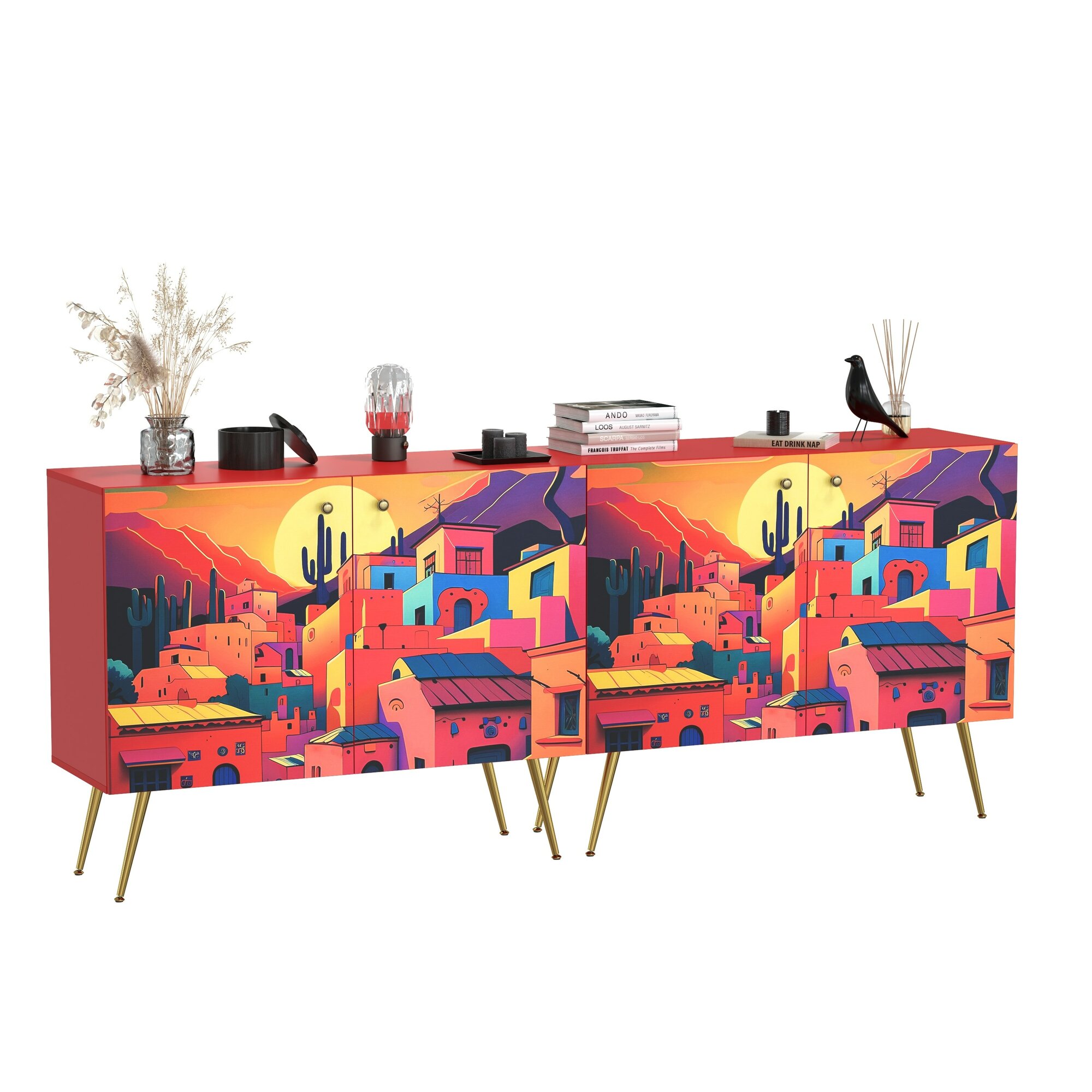 Два комода-тумбы Моби Кармин, цвет красный/белый, 230,6х42,6х93,2 см, фасады с рисунком Бразильские домики