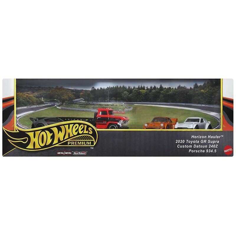 Машинка Hot Wheels Premium Garage Horizon Hauler+2020 Toyota GR Supra+Custom Datsun 240Z+Porsche 934.5