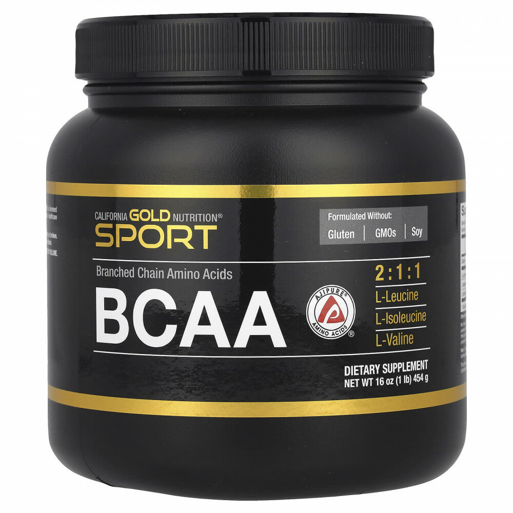 California Gold Nutrition, Sport, BCAA в порошке, аминокислоты с разветвлённой цепью AjiPure® с L-лейцином, L-изолейцином и L-валином, 454 мг (1 фунт)