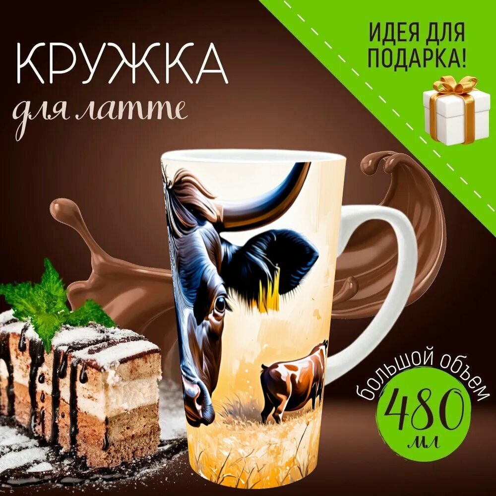 Кружка латте керамическая большая для чая и кофе с прикольным принтом "Черный с изображением черного коровы, выполненные в технике масляной живописи. проработанные текстуры" 500 мл.