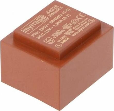 Трансформатор MYRRA 44328 Трансформатор залитый 1,5ВА 230ВAC 12В 125мА Монтаж PCB 1шт