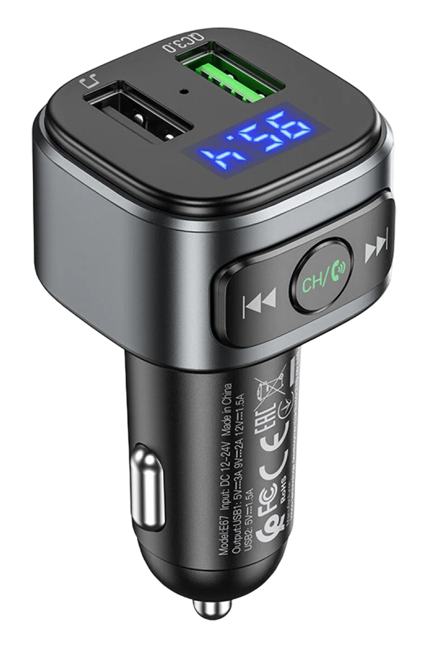 АЗУ с FM-трансмиттером Hoco E67 Fighter QC3.0 Черный