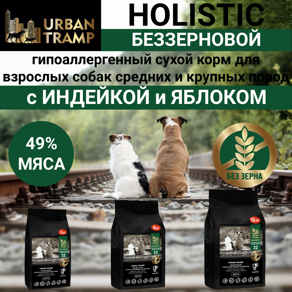 URBAN TRAMP - полнорационный БЕЗЗЕРНОВОЙ гипоаллергенный сухой корм «HOLISTIC» класса с индейкой для взрослых собак крупных и средних пород