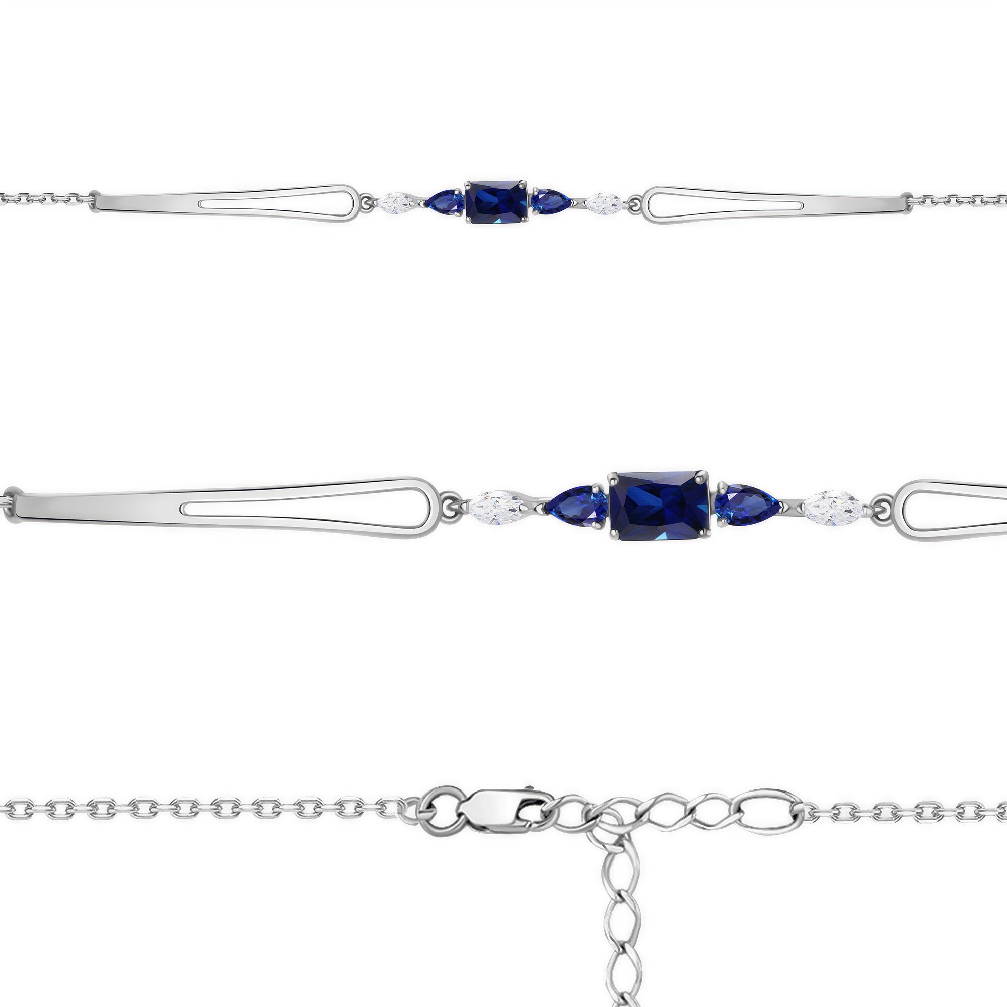 Браслет, серебро, 925 проба, родирование, фианит, сапфир синтетический