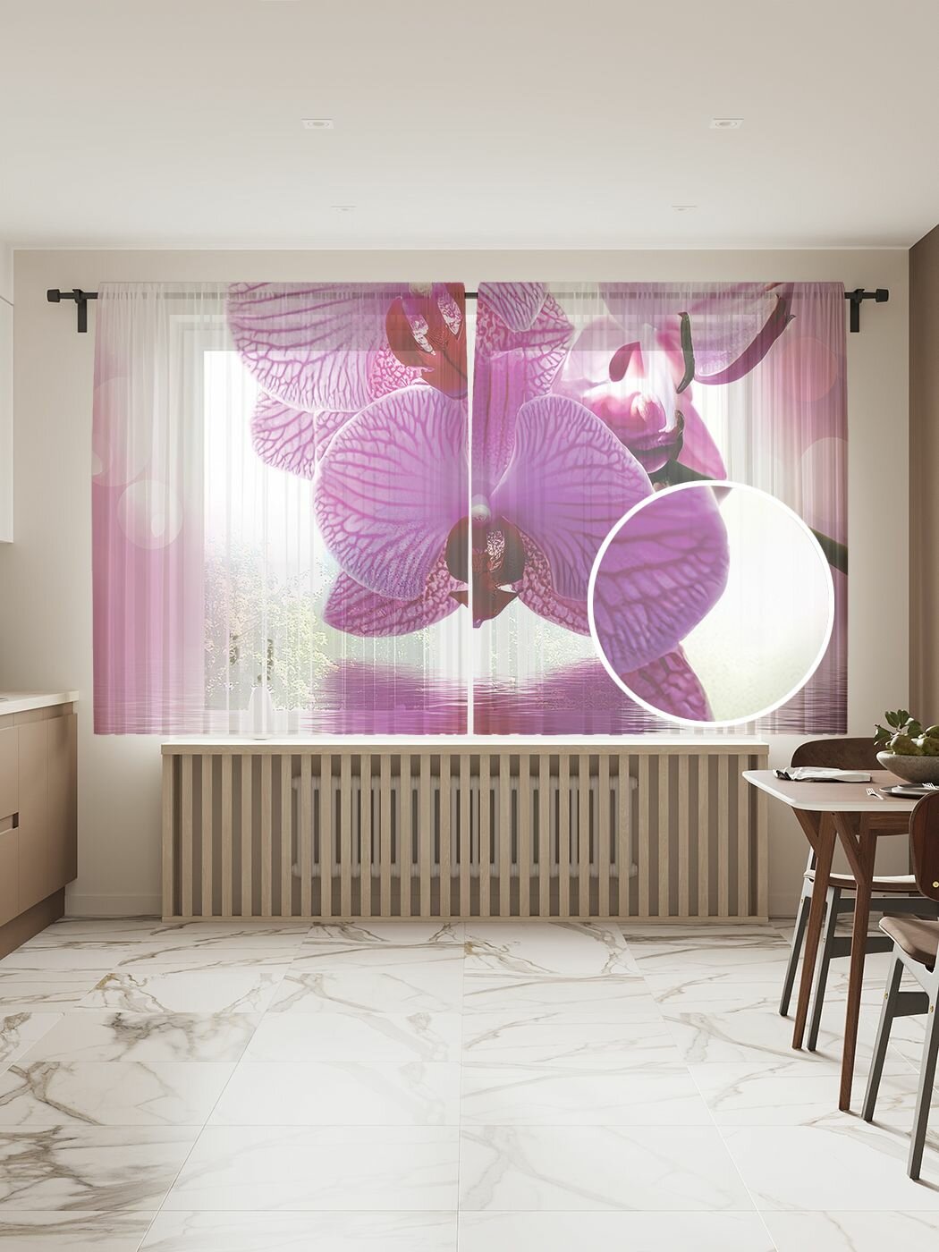 Тюль, фототюль короткий "Орхидея на воде" высота 180 см, ширина 145 см (по 2 полотна), JoyArty, серия 8 марта