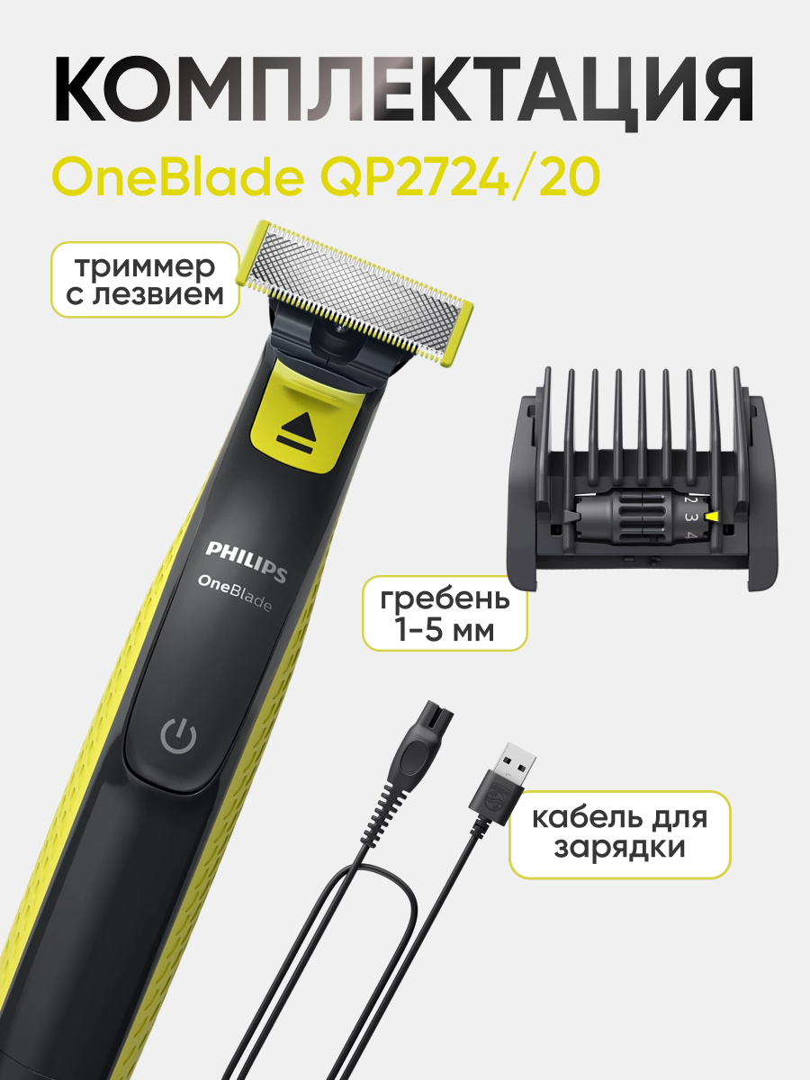 Philips Триммер для бороды и усов OneBlade QP2724/20, 1 насадка 5в1