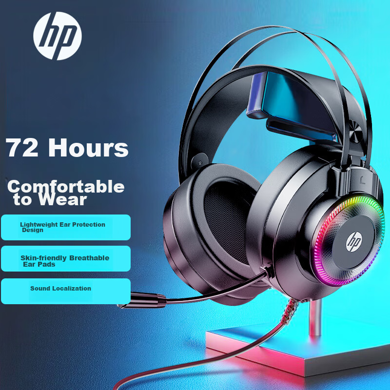 HP GH10 Gaming Headset with Microphone, Over-Ear Design, for E-Sports, Internet Cafes, Gaming, Black Myth： Wukong, PUBG, Sound Positioning, 3.5mm + USB Interface