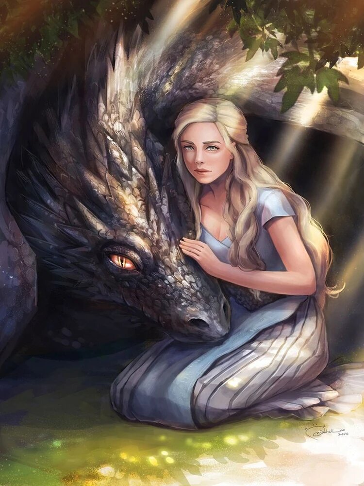 Алмазная мозаика на подрамнике "Девушка и дракон" круглые бриллианты 40х50см