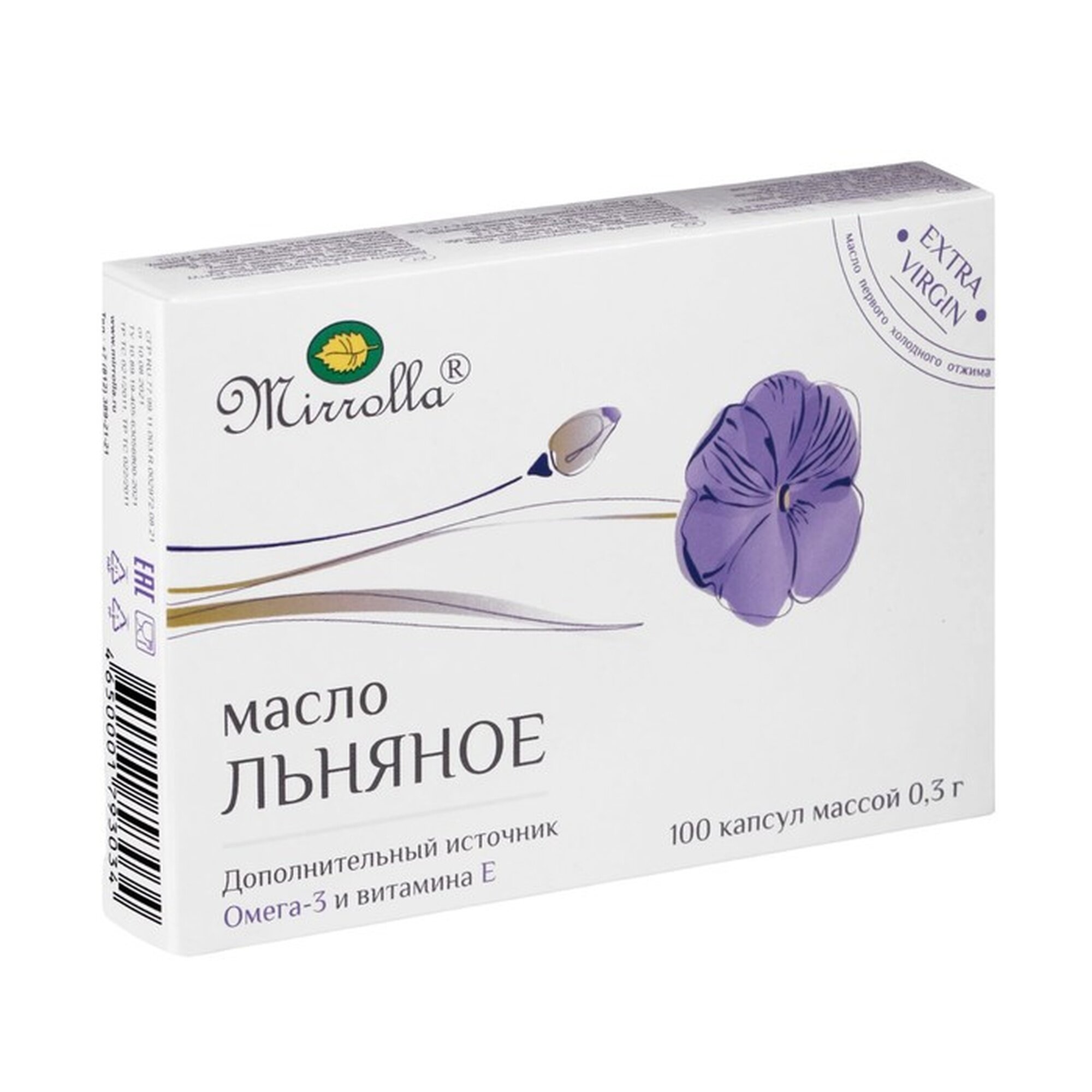 Масло льняное Mirrolla, БАД, 100 капсул, 0,3 г, общеукрепляющее, укрепление иммунитета