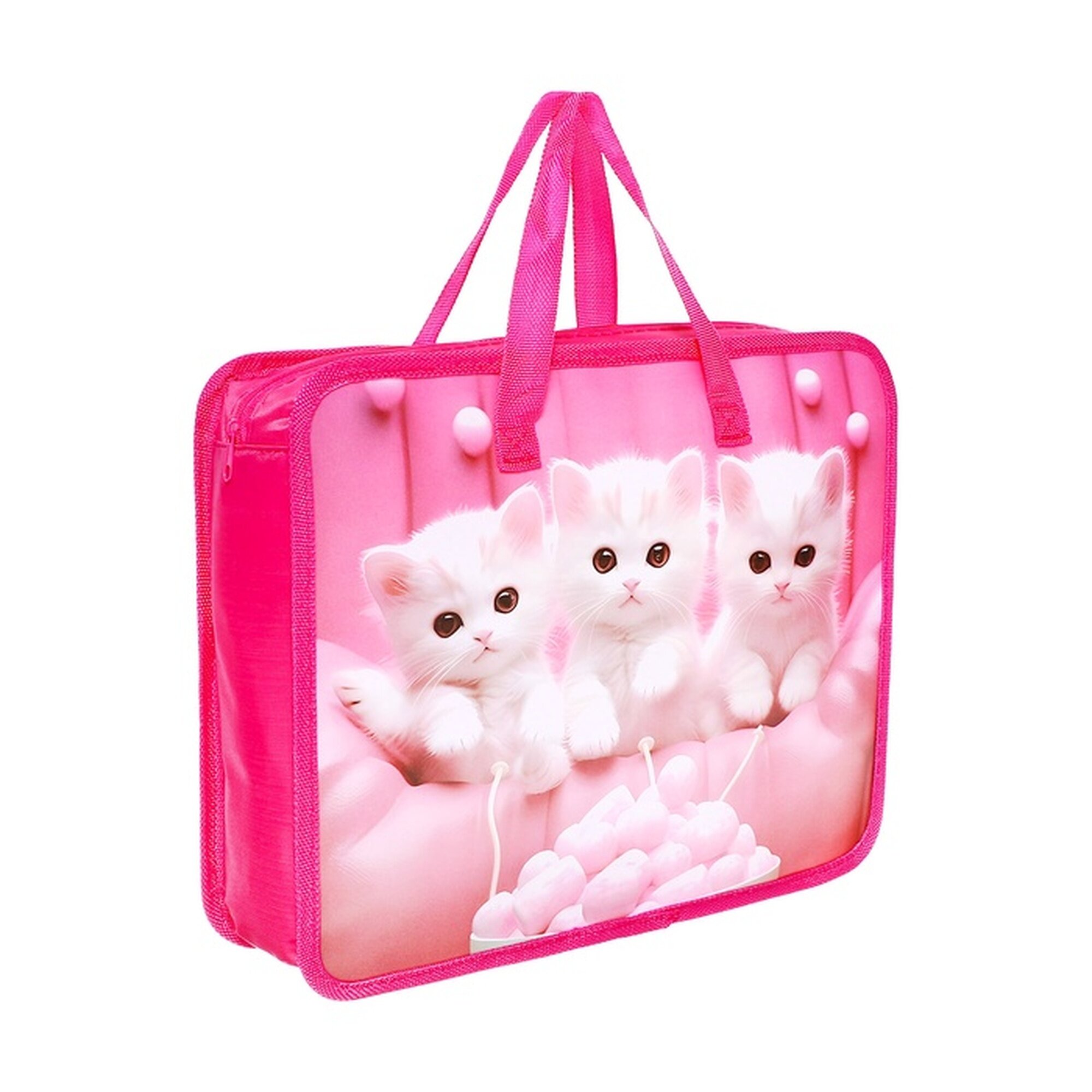 Папка Calligrata "Белые котята", А4, с ручками, пластик, текстиль, розовая