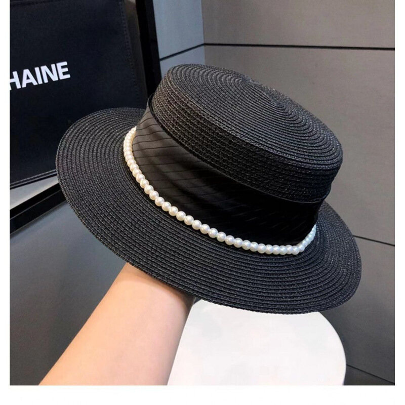 Шляпа, женская, с плоским верхом, в французском стиле, соломенная, черная, размер M