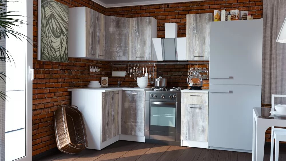 Кухонный гарнитур Герда Арина прайм 1200*1400 мм, каркас ЛДСП, фасад ЛДСП, Белый/Пайн экзотик