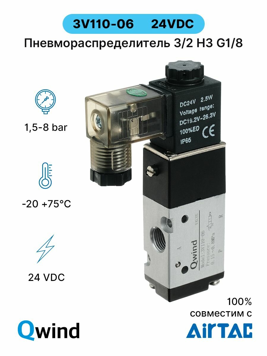Пневмораспределитель 3V110-06-NC DC24V, G1/8, функция 3/2 Н. З