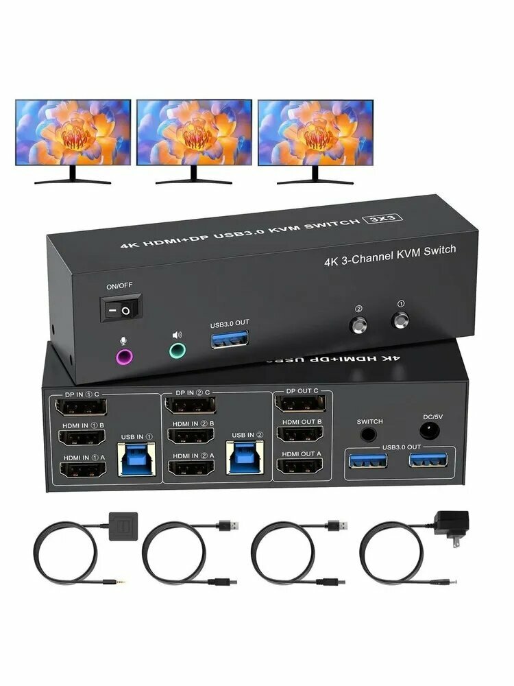 KVM-переключатель 2xHDMI + DP, 3 монитора, 2 компьютера 4K@60Hz 3xUSB 3.0 с пультом дистанционного управления и адаптером питания