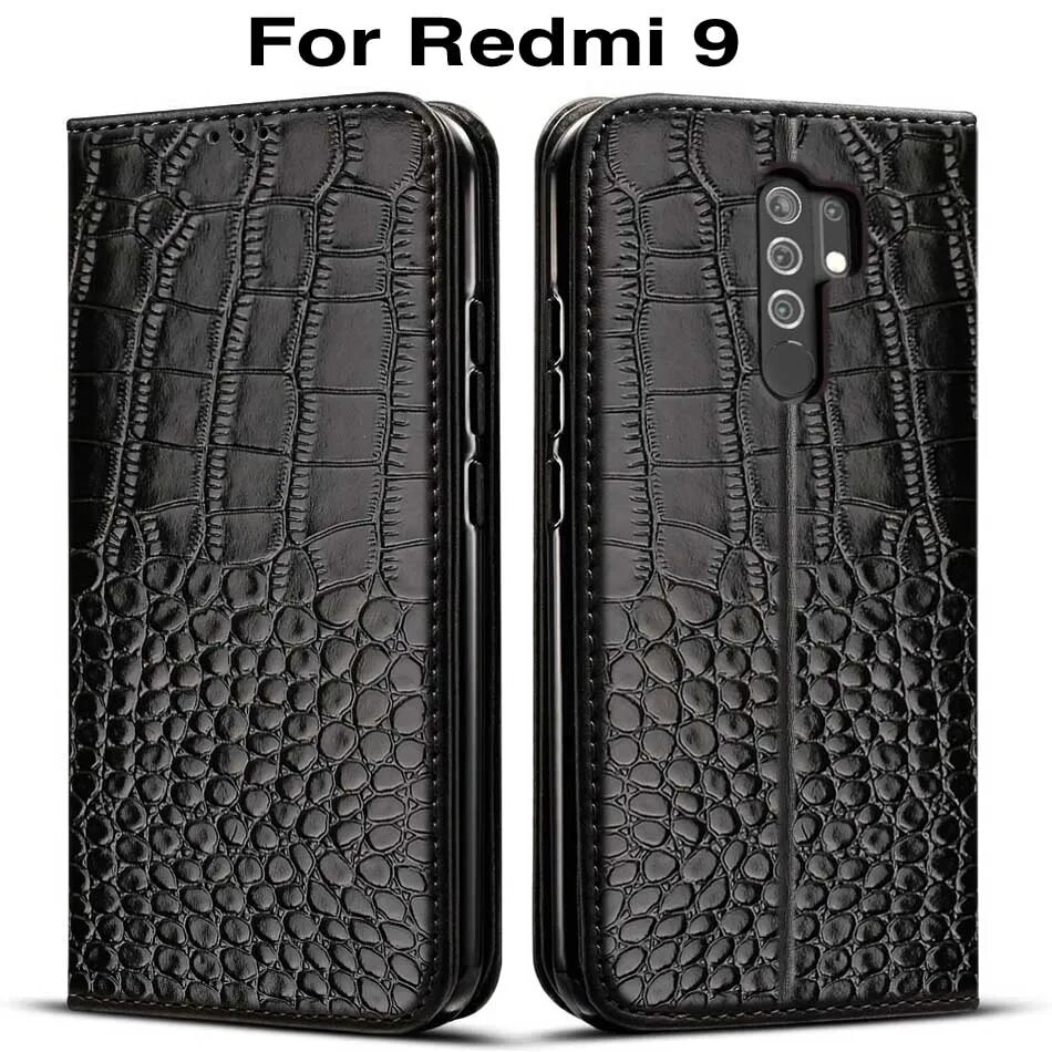 Черный кожаный чехол-книжка для Xiaomi Redmi 9