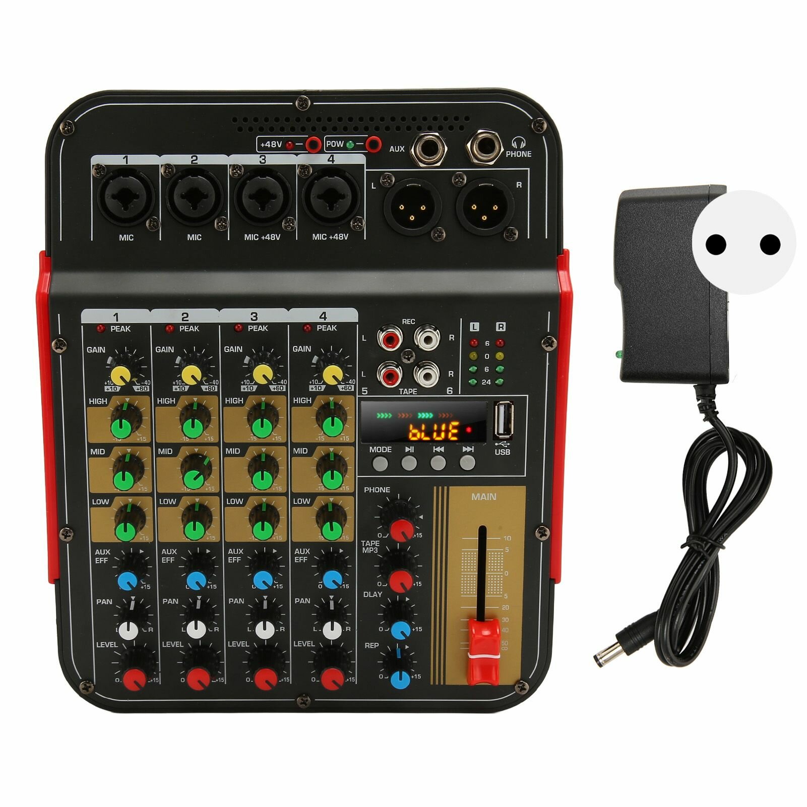 Проф. микшер 4-канальный, Bluetooth, USB, MP3, дисплей