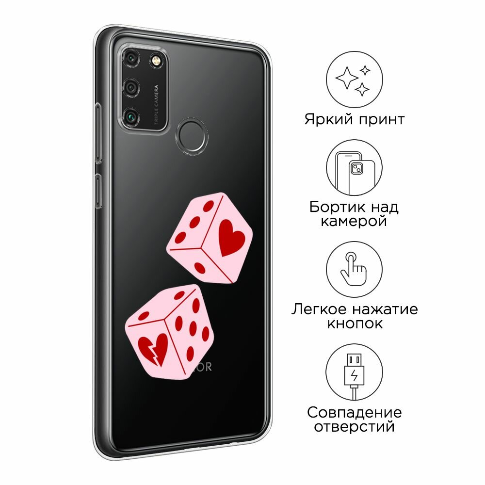 Чехол на Honor 9A / Хонор 9А с принтом "Игральные кубики любви - 14 февраля", прозрачный — фото 1