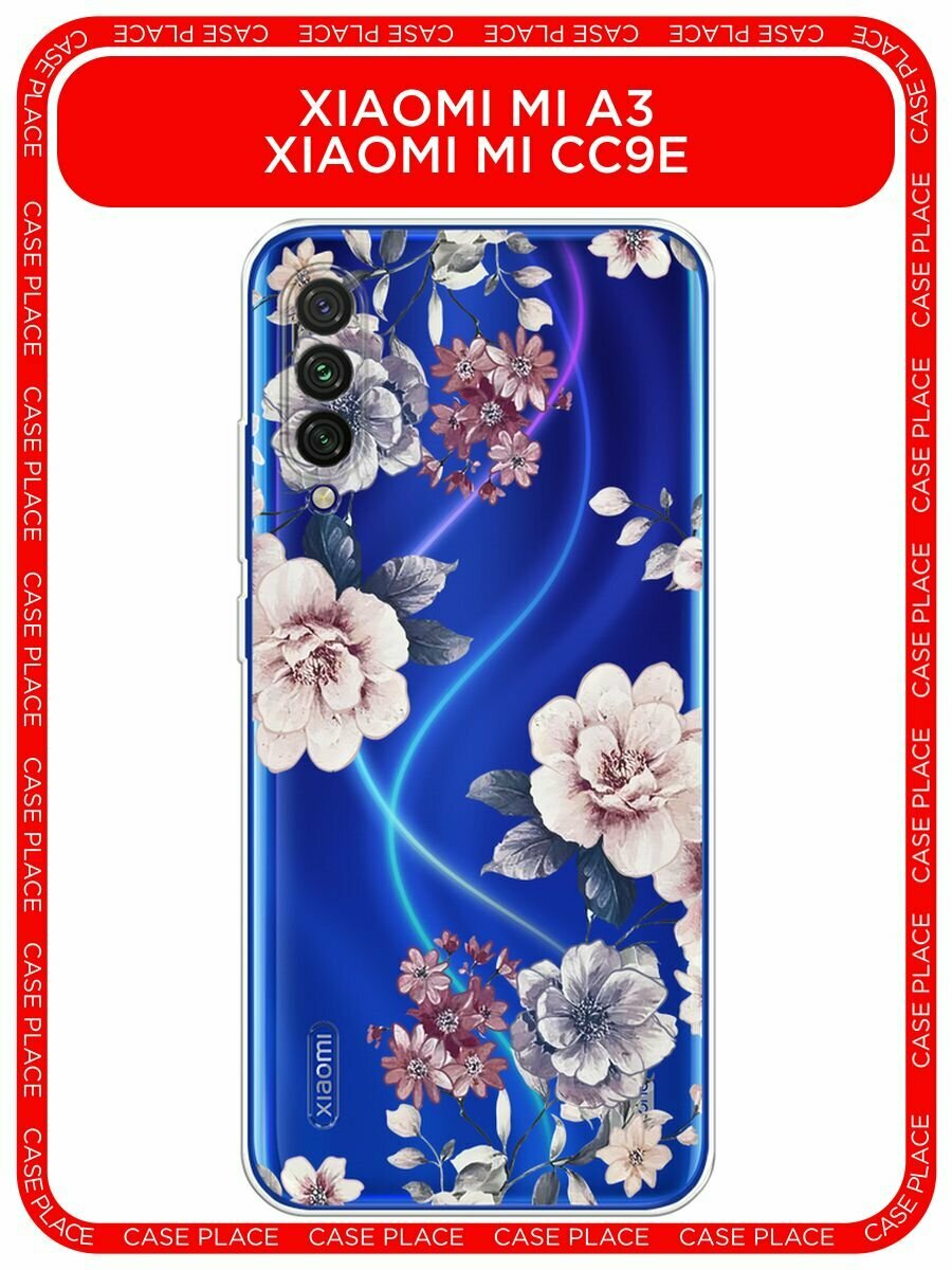 Чехол на Xiaomi Mi CC9E/Mi A3 / Сяоми Mi CC9E/Mi A3 с принтом "Нежные винтажные цветы", прозрачный