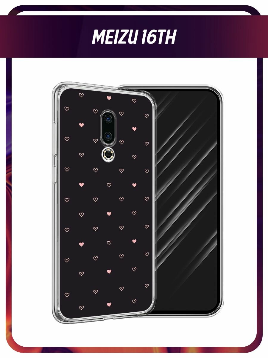 Чехол на Meizu 16th / Мейзу 16th с принтом "Черный фон и сердечки"