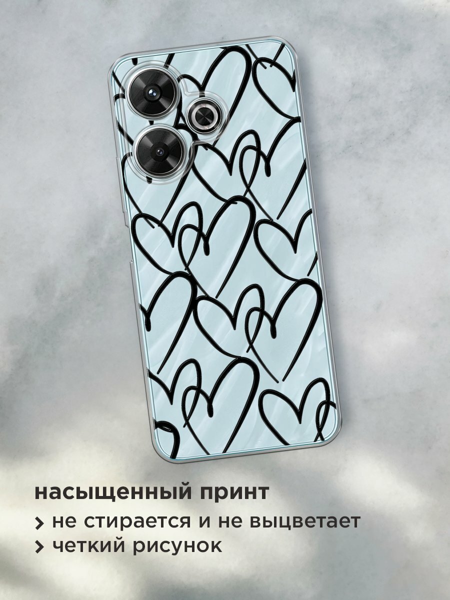 Чехол на Сяоми Редми Ноут 13R/Редми 13/Поко М6 4G/M6 Плюс с принтом "Hearts doodle black 1" — фото 1