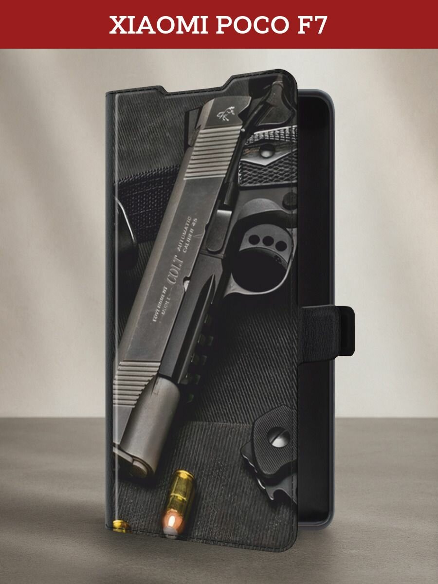 Чехол-книжка на Poco F7 / Поко F7 с рисунком "Черный пистолет"