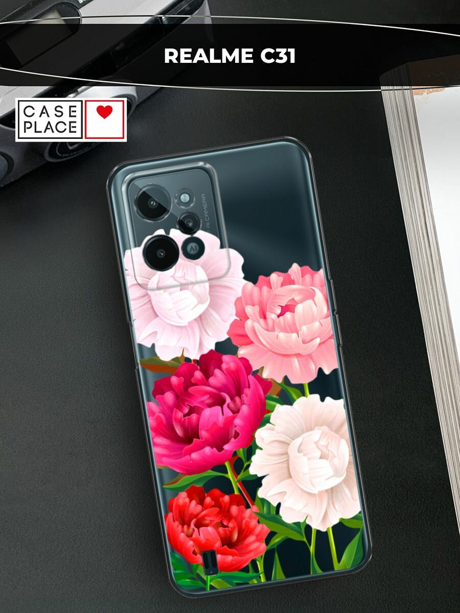 Чехол на Realme C31 / Реалми C31 с принтом "Большие пионы", прозрачный