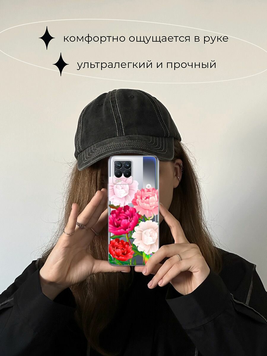 Чехол на Realme 8/8 Pro / Реалми 8/8 Про с принтом "Большие пионы", прозрачный — фото 1