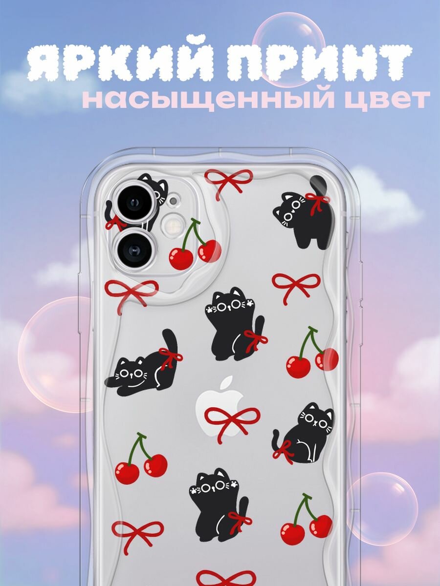Чехол на Apple iPhone 11 / Айфон 11 с принтом "Котик, вишня и бантики" — фото 1