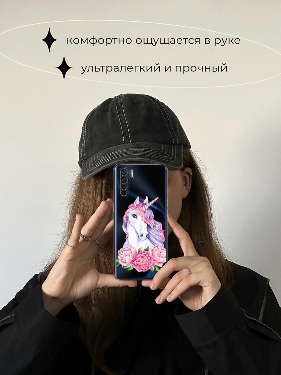 Чехол на Oppo A91/Reno 3 / Оппо A91/Рено 3 с принтом "Единорог с пионами", прозрачный — фото 1