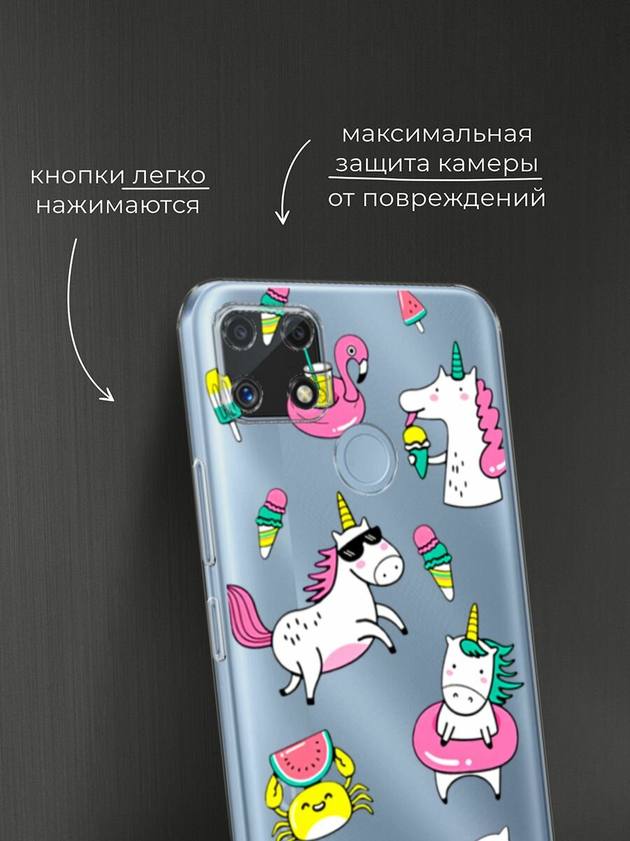 Чехол на Realme C25/C25s / Реалми С25/C25s с принтом "Единороги в отпуске", прозрачный — фото 1