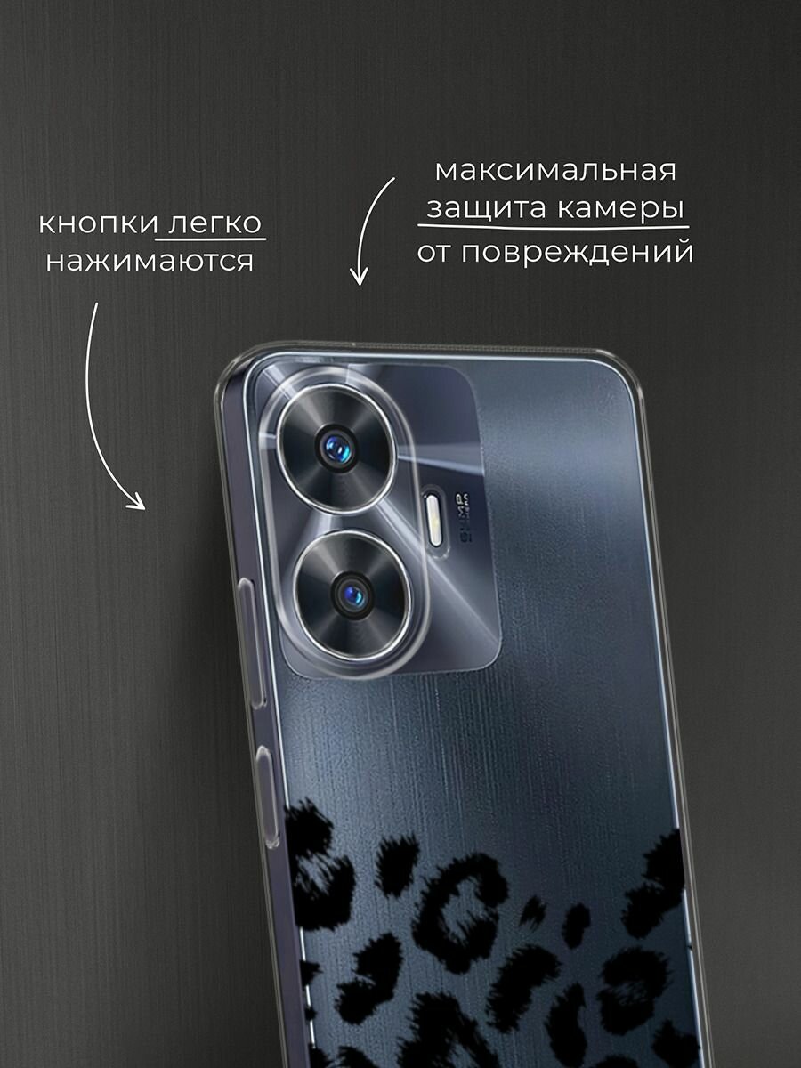 Чехол на Realme C55 / Реалми C55 с принтом "Окрас леопарда фон черный", прозрачный — фото 1
